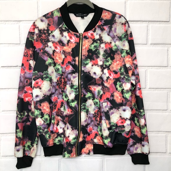 Baccini | Jackets & Coats | Baccini Black Red White Floral Print Bomber ...